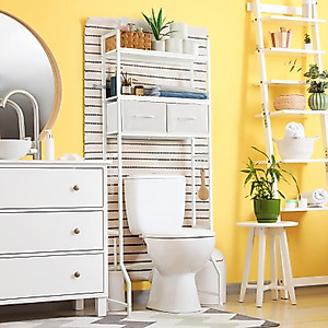 YBING Over The Toilet Storage, Over Toilet Bathroom Organizer with Drawer, Above Toilet Stand with Roll Holder and Hooks, Over Toilet Storage Shelf Cabinet, Wooden, White