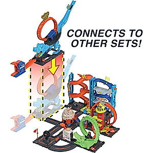 Hot Wheels City Track Set with 1 Toy Car, Race Through A Giant Loop to Defeat A Big Dinosaur, T-Rex Loop Stunt and Race Playset