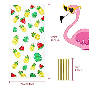 Kesote 100 Pieces Hawaiian Tropical Cellophane Treat Bags, Clear Pineapple Flamingo Goodie Candy Snack Bags Bulk with Twist Ties for Hawaiian Tropical Luau Summer Tiki Bar Party Favor Supplies