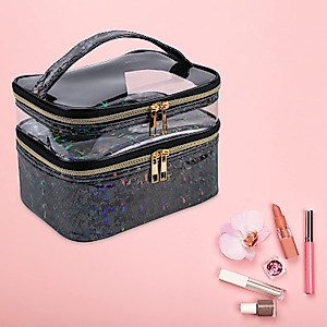 imerelez Double-layer Makeup Bag Cosmetic Bag Travel Makeup Cases Organizer Toiletry Bag Gift for Girls Women, Portable Waterproof (Black)