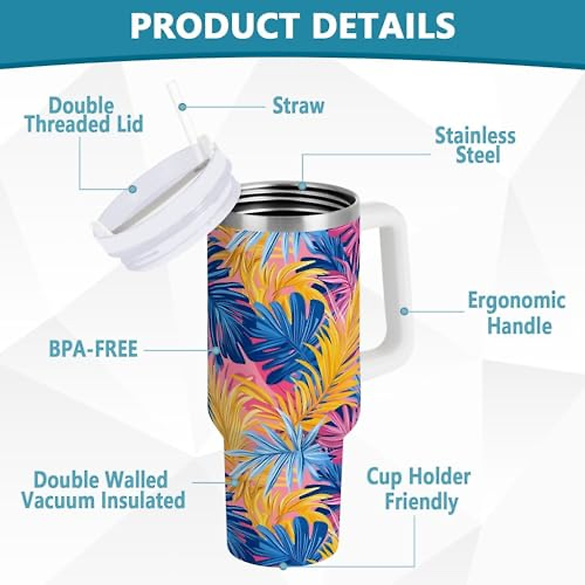 Slewiaeky Tumbler with Handle 40 oz Palm Leaf Plant Cute Travel Mug with Lid and Straw Blue Stainless Steel Vacuum Insulated Water Bottle Cup for Iced Tea Coffee Cold Beverages Cup Holder Friendly