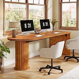Tribesigns 78.74-Inch 2 Persons Double Desk, Extra Long Ellipse Computer Desk, Wooden Home Office Desk with Cylindrical Pedestal, Industrial Study Writing Table Workstation Business Furniture