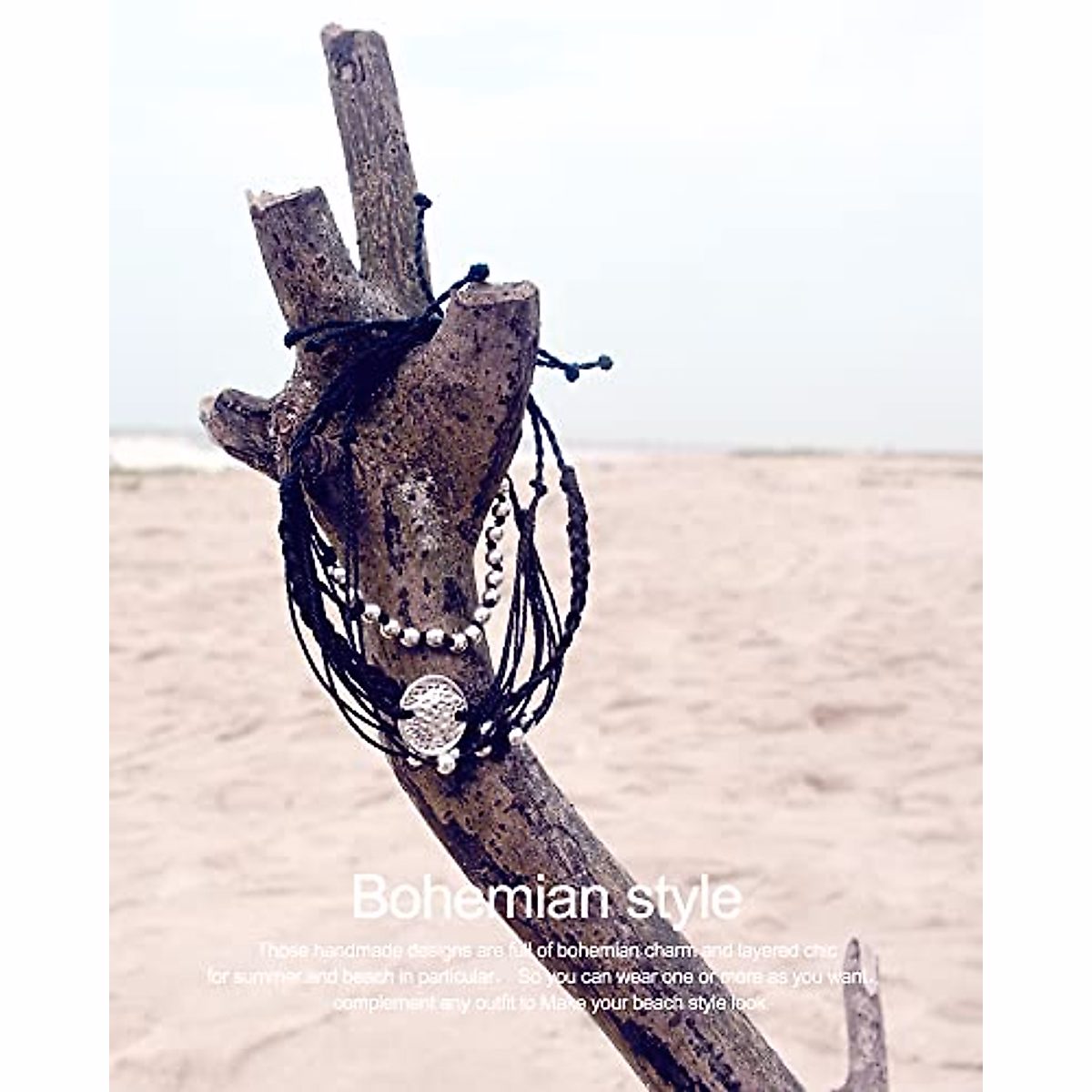 Mezcla Vida Bohemian Wave Coin Charms Black Beaded Handmade Braided Rope Surfing Woven Bracelets Sets For Women Teen Girls, Beach String Jewelry (BLACK)