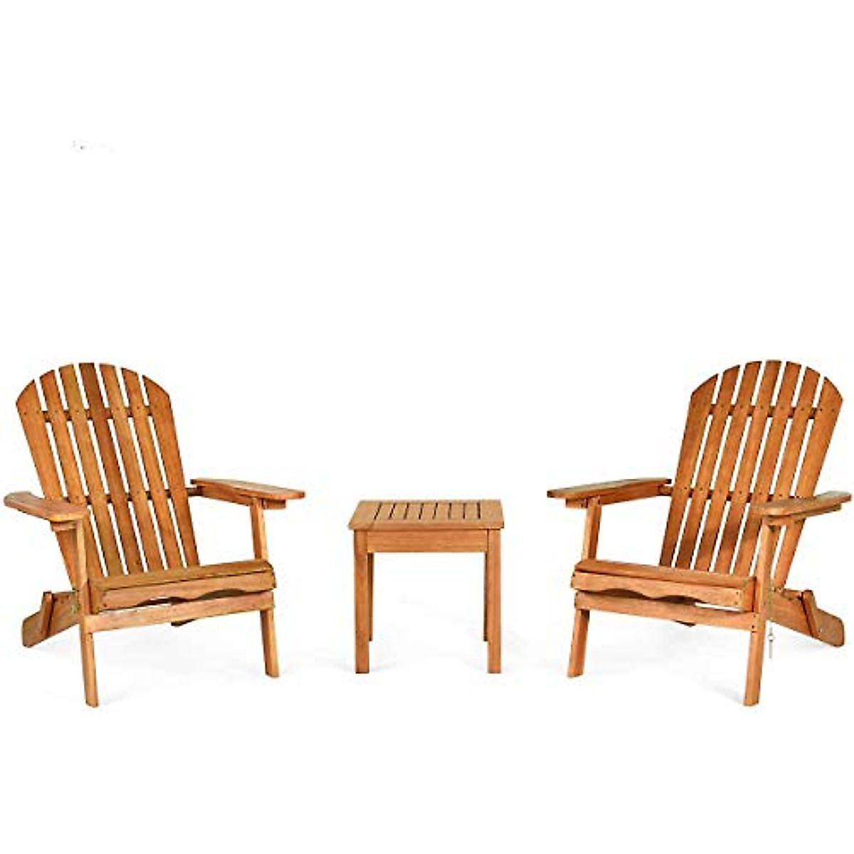 ReunionG 3Pcs Adirondack Chair and Table Set, Outdoor Wooden Lounger Chairs Set w/Widened Armrest, Eucalyptus Frame, Natural Finish, Foldable Chatting Furniture Set for Indoor, Patio and Garden