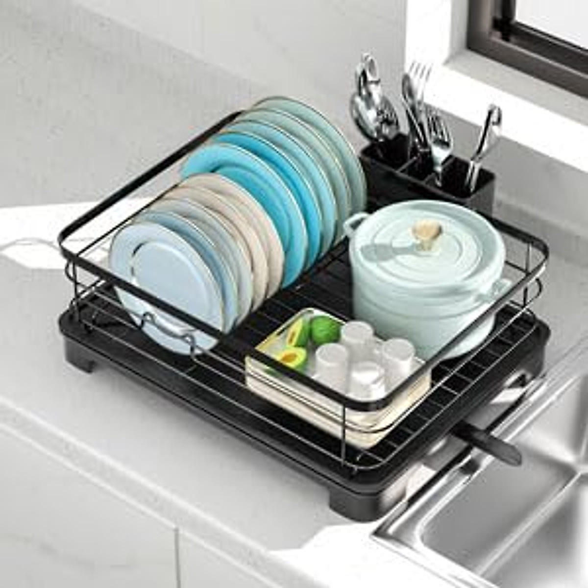 Dish Drying Rack - Dish Rack for Kitchen Counter with With Dish Drying Mat a Cutlery Holder,Dish Drying Rack,Durable Kitchen Dish Rack for Tableware,Dish Drying Rack with Easy Installation,Black