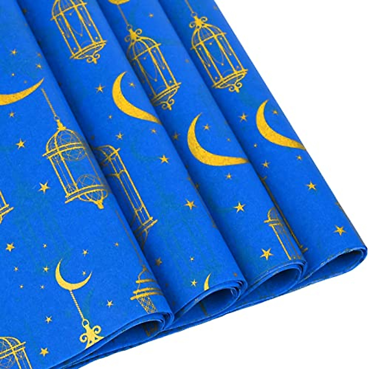 Bolsome 100 Sheets 20 * 14 Inches Eid Mubarak Tissue Wrapping Paper Blue and Gold Tissue Paper for Gift Bags for Ramadan Eid Al-fitr Gift Wrapping and DIY Crafts