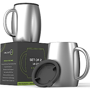 Stainless Steel Insulated Coffee Mugs Set of 2 (14oz) – Double Wall Coffee Cups with Spill Resistant Lid & Strong Handle, Shatterproof Cups for Cold Drinks and Hot Beverages, Indoor & Outdoor Use