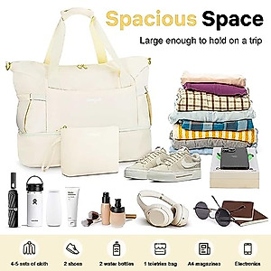 Travel Duffle Bag for Women, Weekender Bag, Gym Bag with Wet Pocket and Shoe Compartment for Overnight, Air Travel Carry on (Beige)