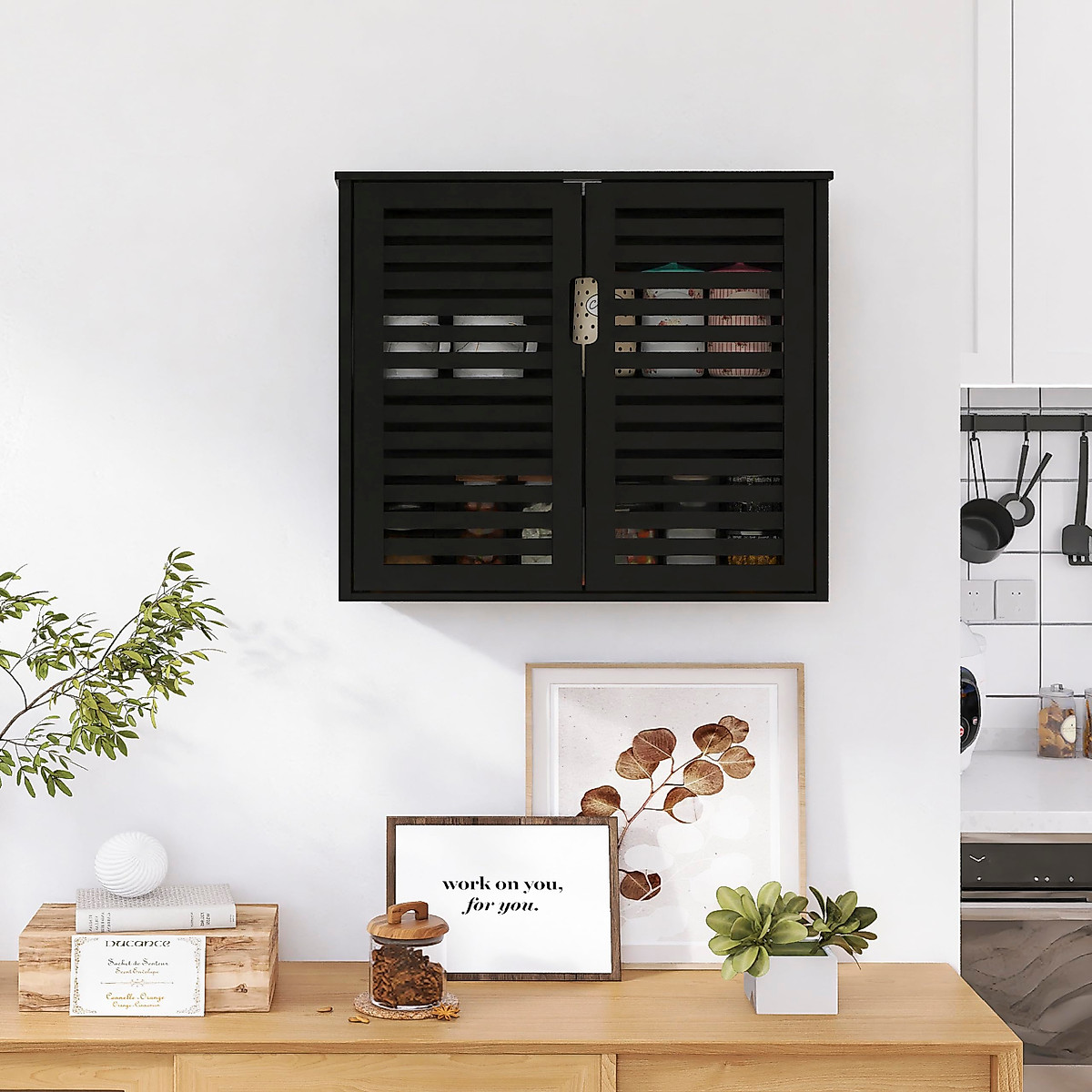 HITNET Black Bathroom Storage Cabinet, Hanging Medicine Cabinet with Adjustable Shelf, Bamboo Over The Toilet Wall Mounted Space Saver Organizer, Double Doors