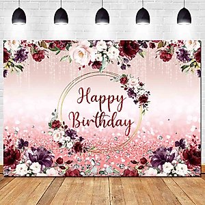 Burgundy Flower Happy Birthday Photography Backdrops 72.8x43.3inch Rose Gold Glitter Blush Photo Background for Women Lady Girl 16th 30th Birthday Party Decorations Banner Photo Booth Supplies
