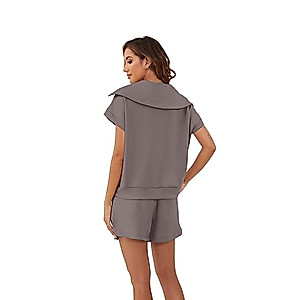 calbatic Women Casual Two Pieces Outfits Half Zip Lapel Collar Short Sleeve Sweatshirt High Waisted Shorts Tracksuit Sets