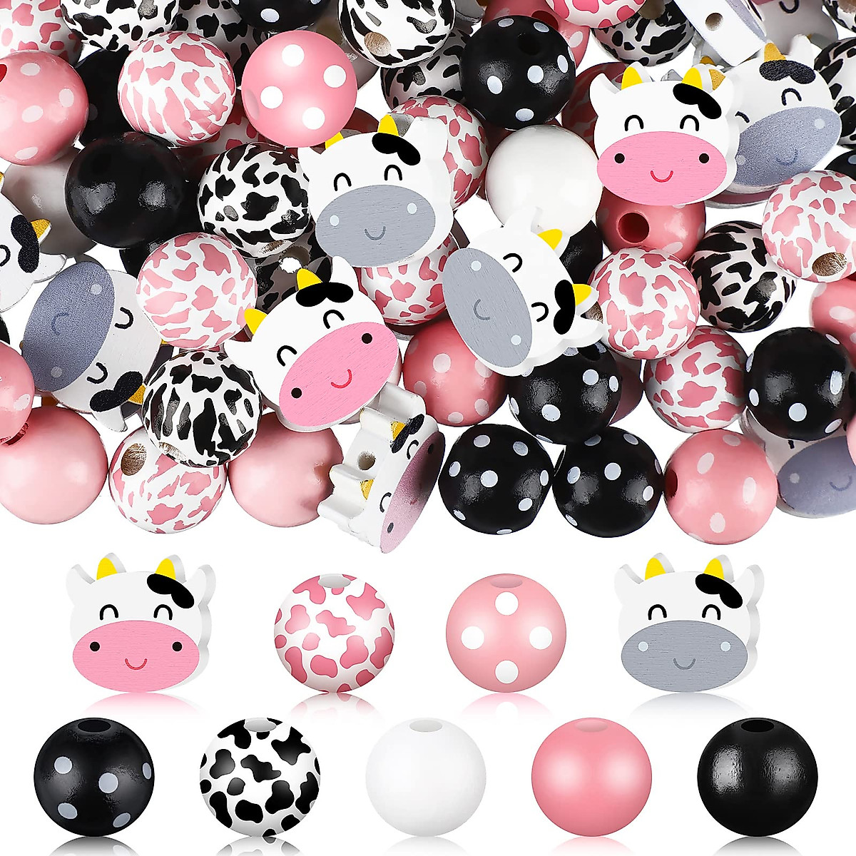 200 PCS Cow Print Wood Beads 16mm Wood Round Beads Natural Handmade Beads Polished Spacer Beads for Jewelry Making DIY Crafts Making Home Party Decoration (Cow)