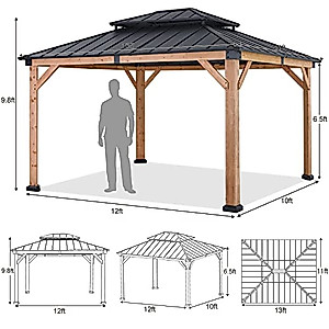 ABCCANOPY Wood Gazebo 11x13 - Outdoor Patio Wooden Gazebo with Hardtop Metal Double Roof for Garden, Backyard and Deck