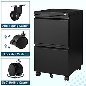 MIIIKO 2 Drawer File Cabinet on Wheels, Home Office Mobile Under Desk with Lock, Vertical Files Drawers for Legal/Letter/A4