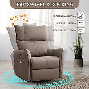 QKFF Swivel Rocker Recliner Chair, Upholstered 360° Fabric Leather Glider Rocker Chair for Nursery, Manual Small Recliners for Small Spaces Living Room Weight Capacity 300lbs