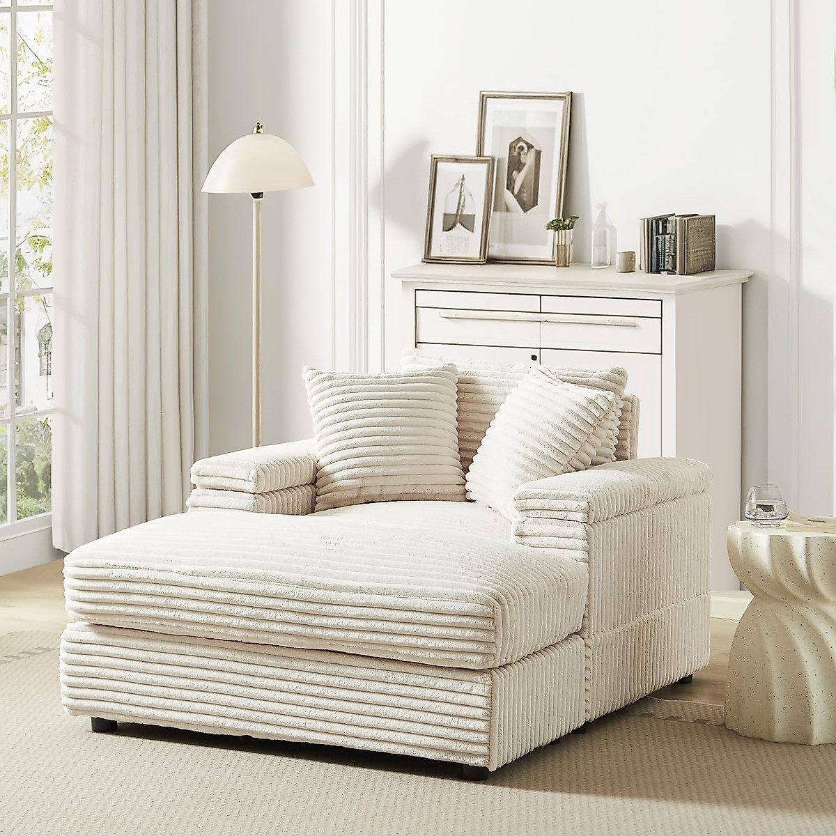 Chaise Lounge Chair Indoor, 43.3 Inch Comfy Corduroy Sectional Cloud Couch, Upholstered Single Sofa w/Movable Ottoman for Living Room, Bedroom, Apartment, Beige