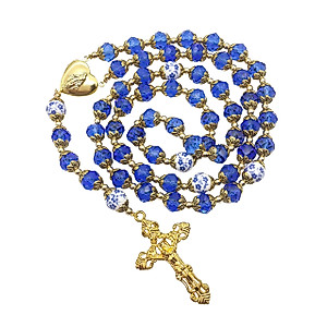Nazareth Store Catholic Blue Crystal Beads Gold Rosary Flowers Beaded Necklace Miraculous Heart Locket Medal & Cross Religious Women Men Amulet