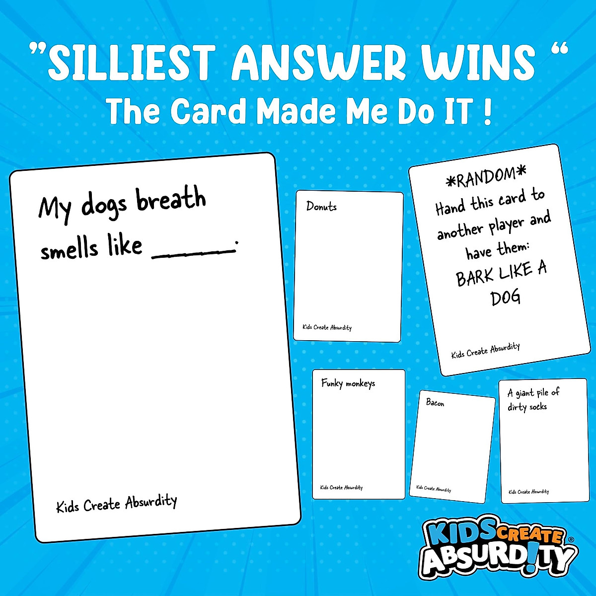 Kids Create Absurdity Funny Card-Game for Kids Family Game Night-Laugh Until You Cry- Stocking-Stuffer-for-Kids A Fun Fill in The Blank Card Game for Ages 6-12 Years Old.