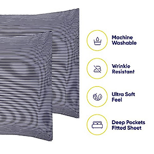 Full Size Bed Sheets - 6 Piece 1500 Supreme Collection Fine Brushed Microfiber Deep Pocket Full Sheet Set Bedding - 2 Extra Pillow Cases, Great Value, Full, Classic Stripe Navy