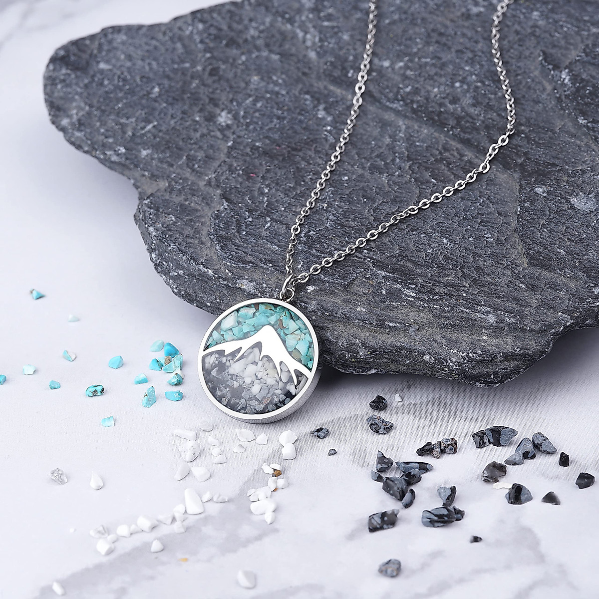 Lauren-Spencer Gemstone Mountain Necklace for Women Turquoise Sodalite Tumbled Chips Pendant Necklace Dainty Circle Mountain Range Necklaces for Women Girls Nature Jewelry Gift, Stainless Steel,