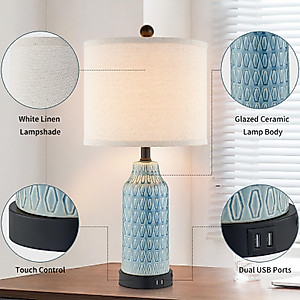 Cinkeda Ceramic Table Lamps for Bedroom Set of 2,Touch Lamp with USB Ports for Nightstand, 3-Way Dimmable Blue Coastal Bedside Lamps for Bedroom Living Room End Table Side Table(Bulbs Included)