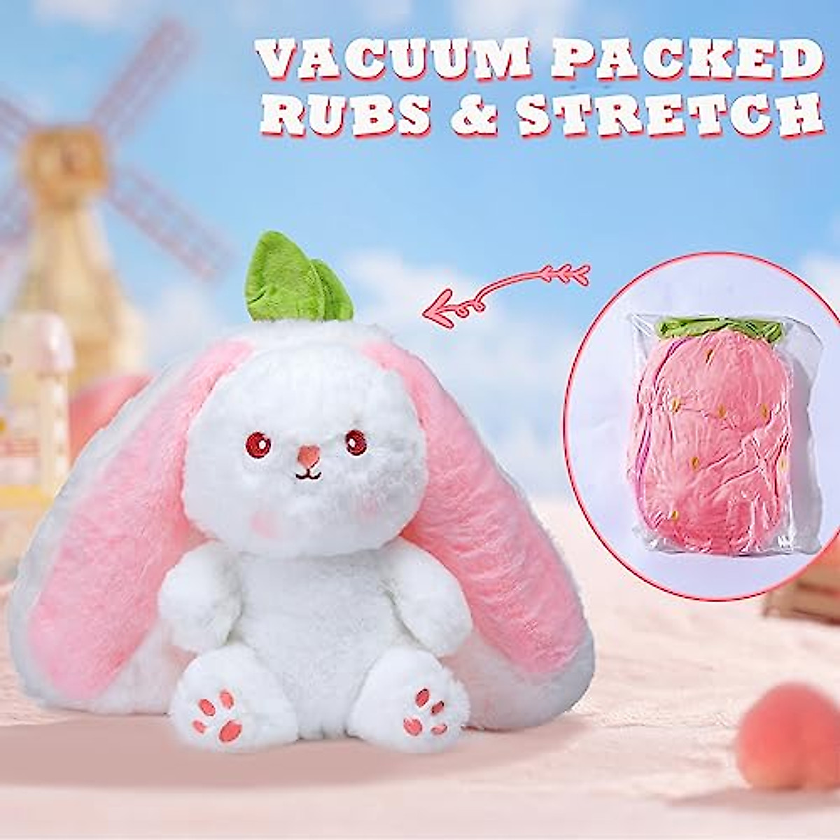 MIAODAM Bunny Stuffed Animal Reversible Cuddle Bunny Stuffed,Strawberry Bunny Transformed Rabbit Plush Zipper,Carrot That Turns Into Ears Bunnies Plushies Toy Cute Stuffy Doll Easter Girlfriend Gift