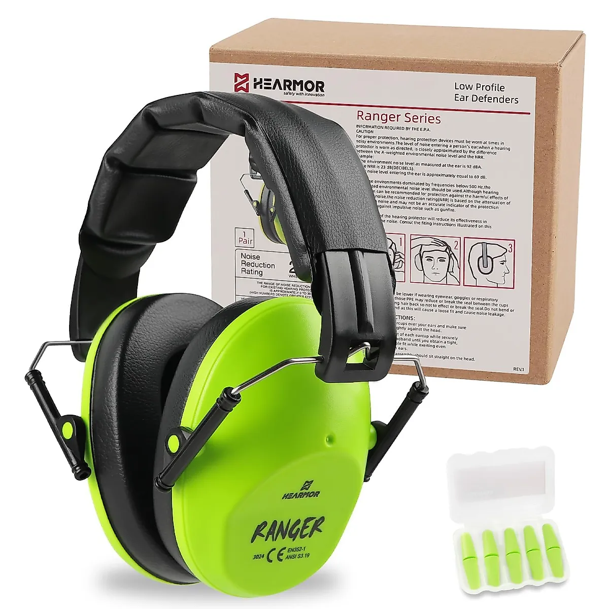HEARMOR Safety Ear Protection Ear Muffs, Noise Cancelling Earmuffs for Tactical, Shooting Gun Range and Hunting, Fluorescent Green