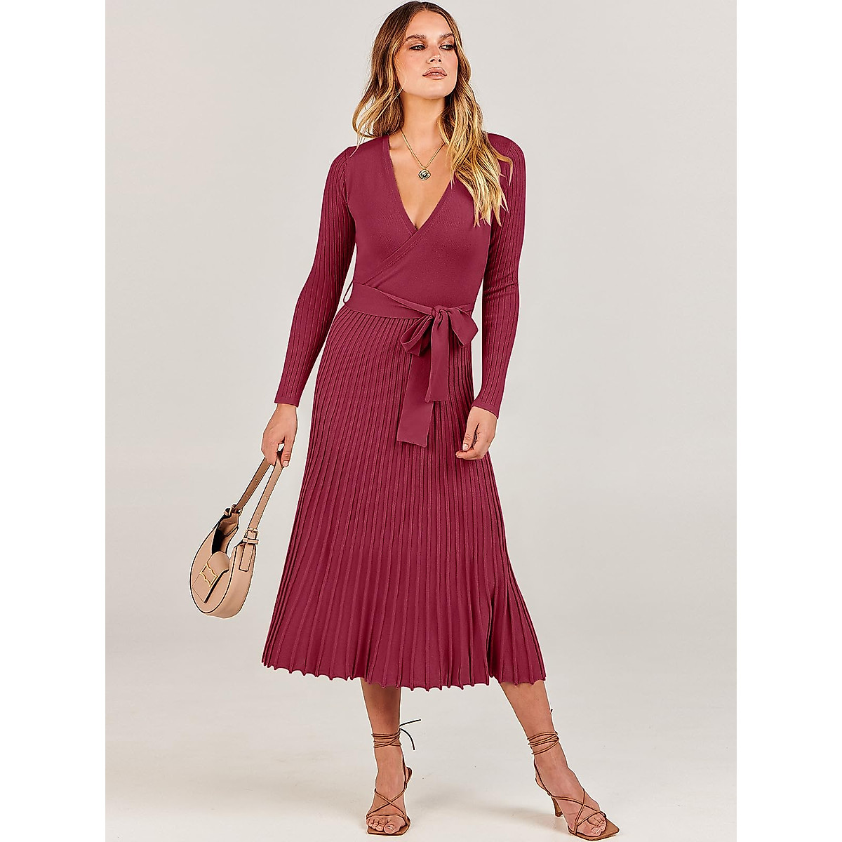 ANRABESS Women's 2024 Long Sleeve Sweater Dress Wrap V Neck Pleated Ribbed Knit A Line Belted Tie Waist Midi Dress Wine Red Medium