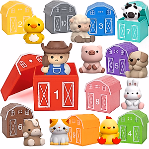 Learning Toys for 1,2,3 Year Old Toddlers, 20Pcs Farm Animals Barn Toy Montessori Counting, Matching & Sorting Fine Motor Games, Christmas Birthday Easter Gift for Baby Boys Girls Age 12-18 Months
