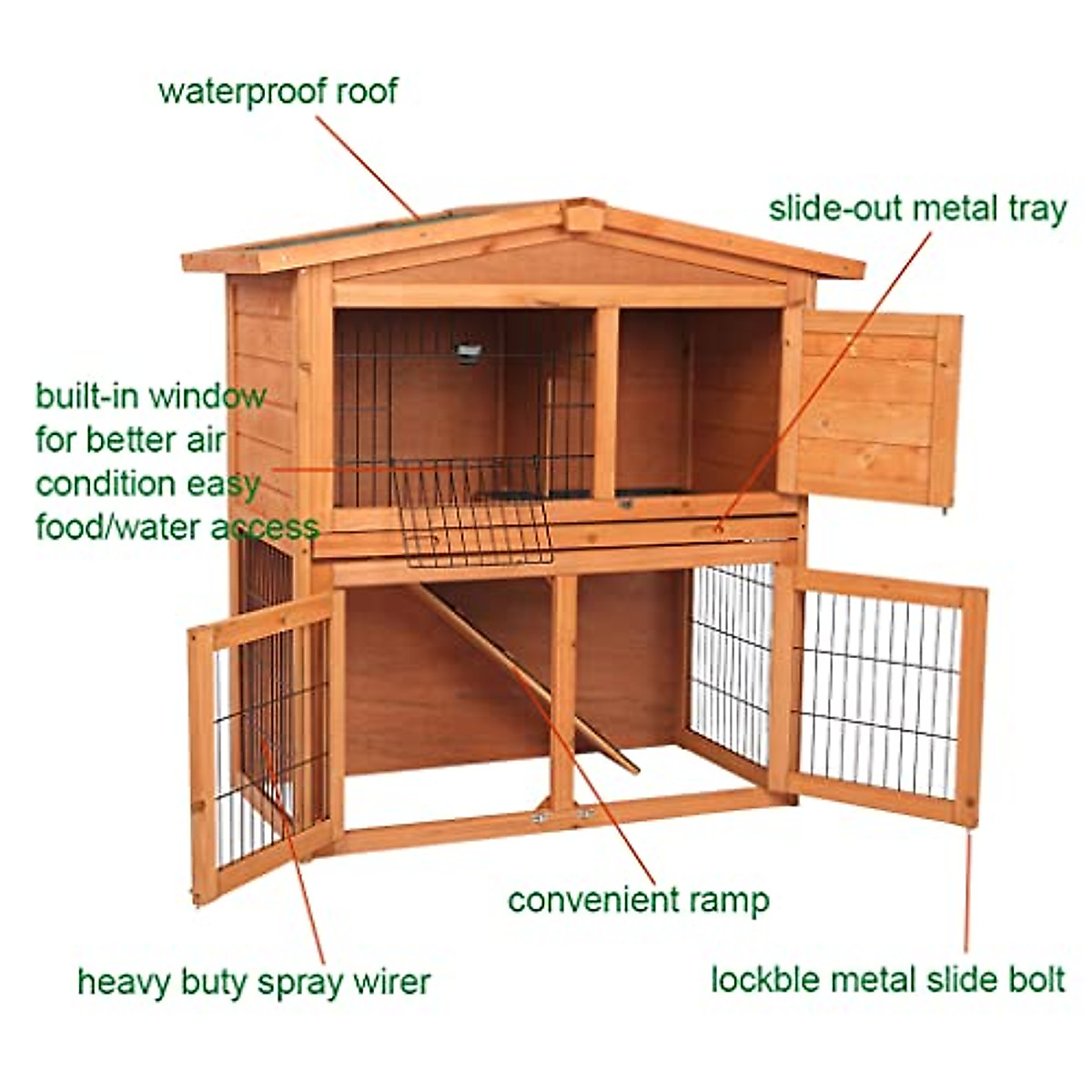 40 Inch Wood Rabbit Hutch 2-Story Rabbit Cage Bunny Hutch Indoor Outdoor Guinea Pig Cage, Small Animal Enclosure with Run Area, Removable No Leaking Tray, Asphalt Roof, Lockable Doors and Ramp