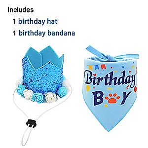 Dog Birthday Bandana Boy Scarf and Crown Dog Birthday Hat, Flower Headwear for Medium to Large Dogs Blue