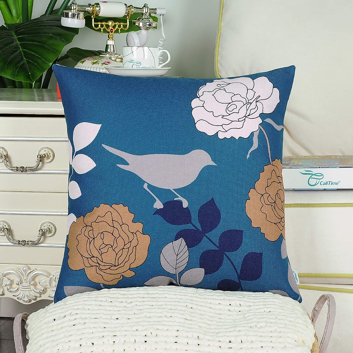 CaliTime Canvas Throw Pillow Cover Case for Couch Sofa Home Decoration Floral Cartoon Shadow Bird Silhouette 18 X 18 Inches Deep Sea Blue Ground Grey Bird