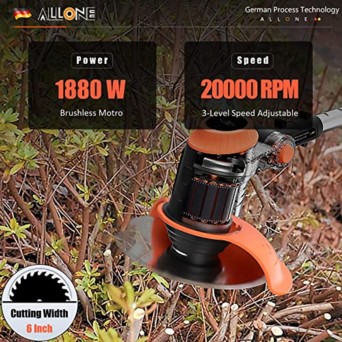 ALLONE Cordless Weed Wacker Battery Powered with Power Display & 3-Level Speed Variable, Electric Weed Eater Lightweight Brush Cutter Grass Trimmer with Metal Blades, 4.0Ah Battery and Charger