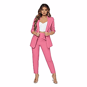 SweatyRocks Women's 2 Piece Solid Ruched Sleeve Blazer and Pants Business Office Suit Set Hot Pink L