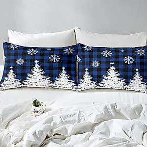 Christmas Kids Bedding Set White Christmas Tree Bedding Duvet Cover Set for Boys Girls Decor Snowflake Comforter Cover Set Blue Black Buffalo Check Bedspread Cover Bedroom Quilt Cover 3Pcs Full Size