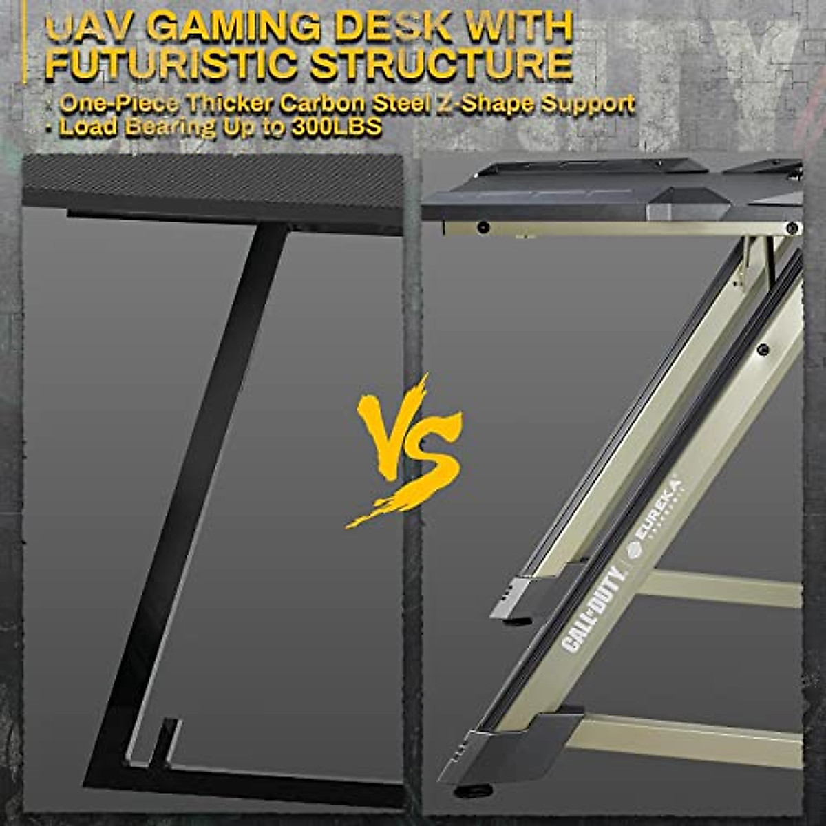 EUREKA ERGONOMIC & Call of Duty UAV Gaming Desk, RGB LED 45 Inch Z Shaped Home Office PC Computer Gamer Table with Fiber Light Dual Headphone Holder Cable Ties for Gamer Gifts, Black & Brass