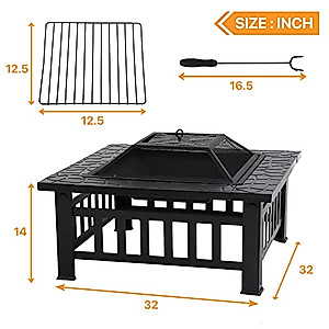 Hkeli 32 inches Fire Pit Square Metal Fire Pit Firepit Outdoor Multifunctional Fire Pit Table Wood Burning Fireplace with Spark Screen & Safety Poker for Patio Backyard Garden, black