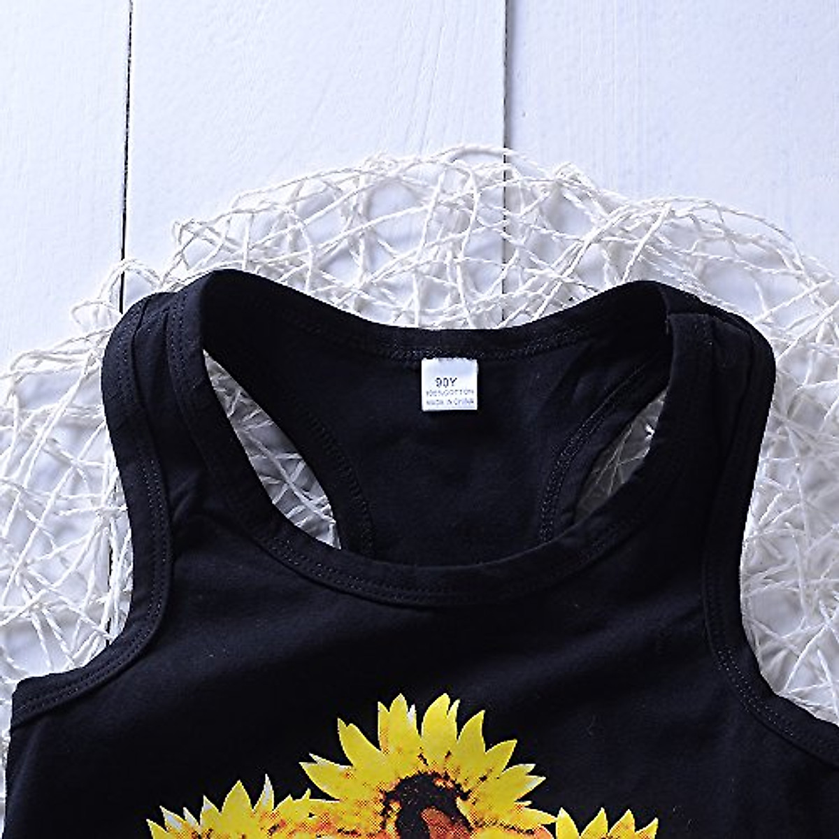 2pcs/Set Toddler Kids Baby Girl Sleeveless Floral T-Shirt Top Sunflower Denim Jeans Shorts Outfits 1-8T (Black a, 7-8 Years)