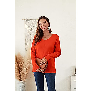 MicroStar Women's Spring Casual Lightweight V Neck Batwing Long Sleeve Knit Top Loose Pullover Sweater Orange