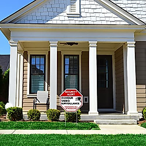 2PC 24 Hour Video Surveillance Sign with Stakes, 13"x13" - Corrugated Plastic - No Trespassing Signs for Home Outdoor Yard - Private Property Security Camera Alert Warning