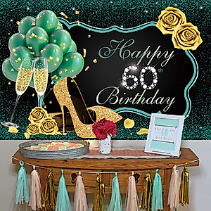 Bellimas Happy 60th Birthday Backdrop Green and Black Women Birthday Party Background High Heels Gold Rose Sixty Birthday Prom Party Supplies Banner with Copper Grommets