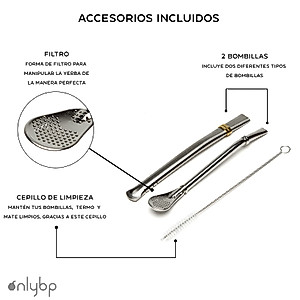OnlyBP® Argentinian Yerba Mate Set - Includes Yerba Mate Cup, Thermos, 2 Bombillas and Cleaning Brush - Premium Quality 304 Stainless Steel - Double-Walled