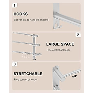 3-Tier Ladder Bath Towel Bar Strechable 16 to 27.6 Inch, ZUEXT Brushed Nickel Stainless Steel Adjustable Towel Holder Hanger, Wall Mounted Towel Rod for Bathroom Kitchen,Towel Rail Racks with Hooks