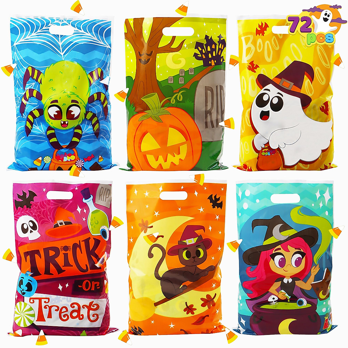JOYIN 72 Pcs Halloween Goodie Bags, Halloween Candy Bags in 6 Designs for Kids Snacks Party Favors, Trick or Treating Bag for Halloween Party Supplies, Snacks Stuffers Prizes