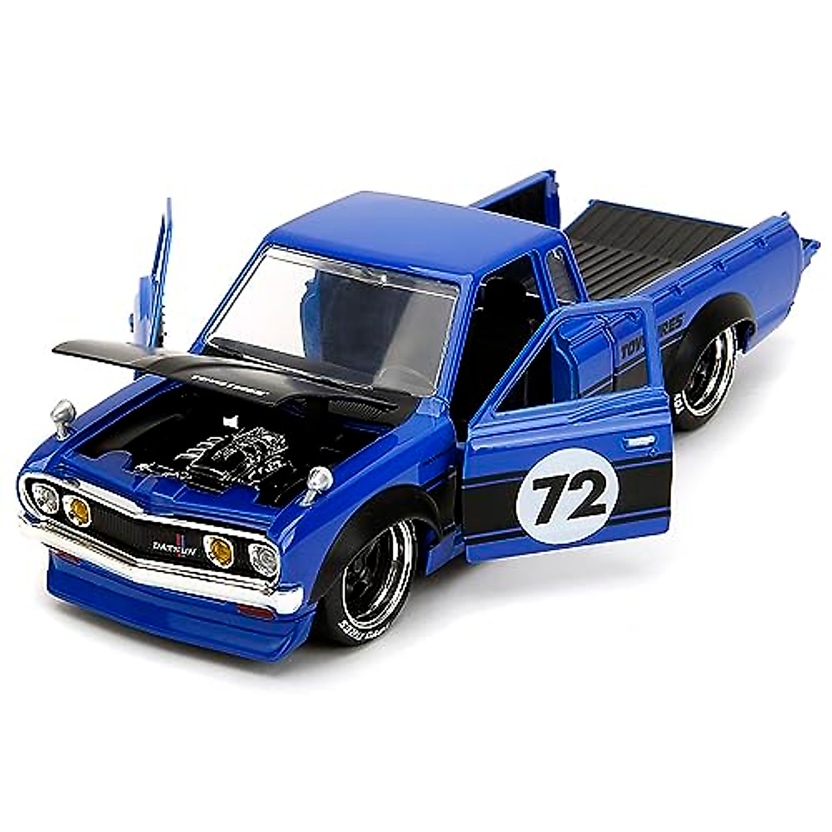 1972 Datsun 620 Pickup Truck #72 Blue Metallic with Black Stripes and Hood Toyo Tires with Extra Wheels Just Trucks Series 1/24 Diecast Model Car by Jada 34193