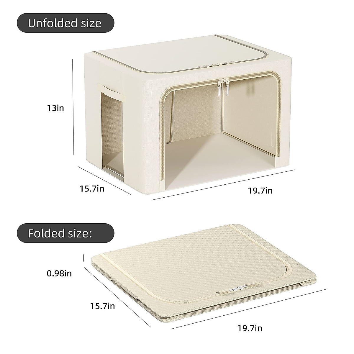 RTONAO 2 Pack Stackable Storage Bins - Foldable Metal Frame Storage Boxes for Clothes Double Zipper Fabric Box Organizer Set with Carrying Handles and Clear Window (100L, Beige)