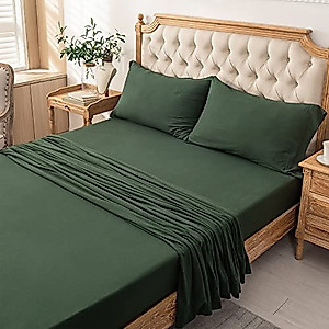 PURE ERA Jersey Knit 4pc Bed Sheet Set 100% T-Shirt Cotton Super Soft Comfy Breathable Fits Mattress Up to 20" Extra Deep Pocket (Solid Forest Green, Queen)