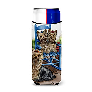 Caroline's Treasures PPP3242MUK Yorkie Patio Sweethearts Ultra Hugger for slim cans Can Cooler Sleeve Hugger Machine Washable Drink Sleeve Hugger Collapsible Insulator Beverage Insulated Holder