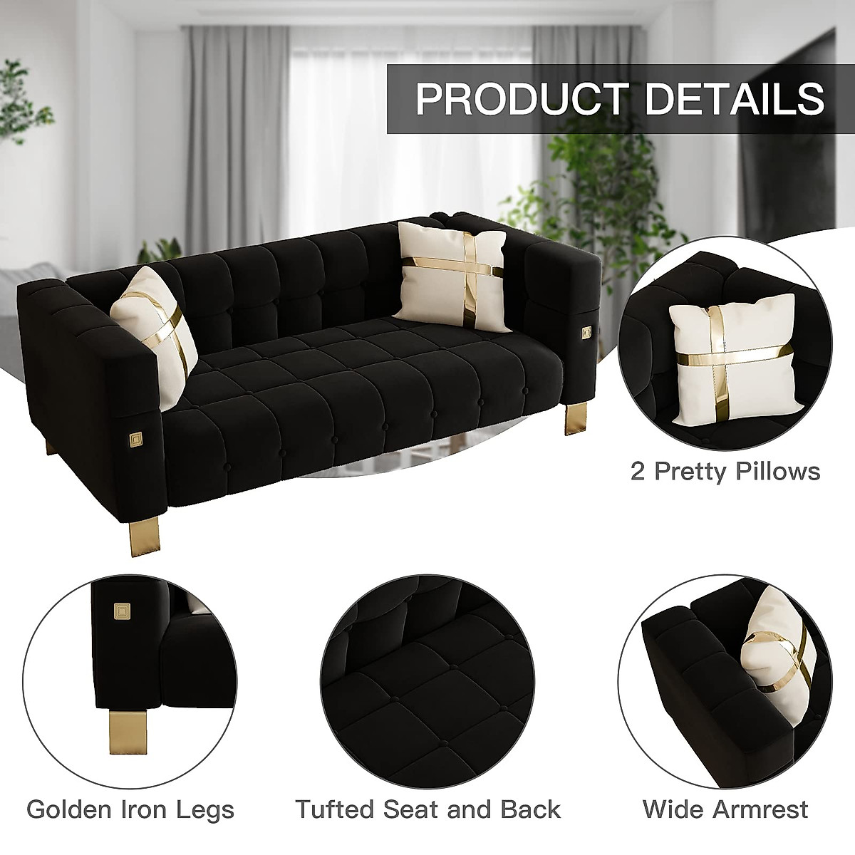 Hommoo Mid Century Modern Sofa for Living Room Velvet Sofa Small Couch for Small Space Chesterfield Sofa Couch with Gold Legs for Apartment Bedroom Office with Pillows 89" Set of 2 Black