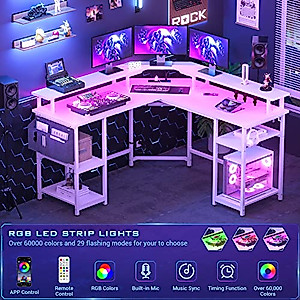 Aheaplus L Shaped Gaming Desk with Power Outlets & LED Lights, Computer Corner Desk with Monitor Stand and Storage Shelf, Home Office Writing Desk with Storage Bag, White